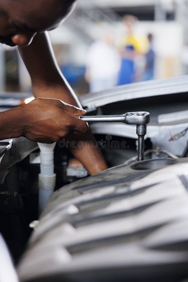 Garage Worker Examines Car Engine Stock Image - Image of mechanic ...