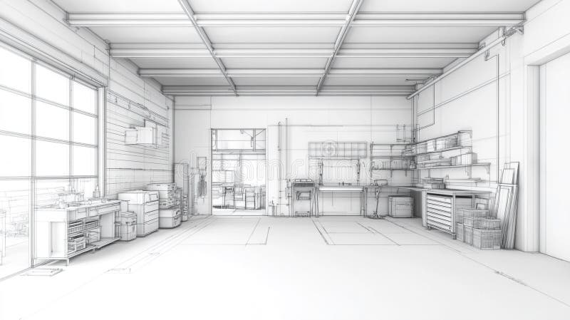 Garage Workshop Plan Sketch 3D Drawing Stock Illustration ...