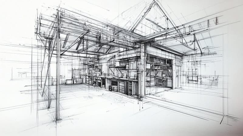 Garage Workshop Plan Sketch 3D Drawing Stock Illustration ...