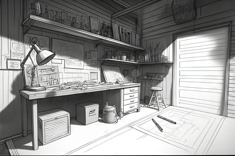 A Garage Workspace with Tools, Parts and Drawings for a Project ...