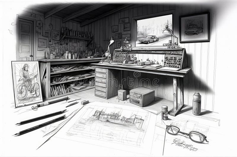 A Garage Workspace with Tools, Parts and Drawings for a Project ...