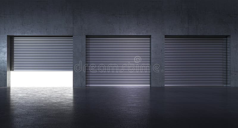 Garages with Metal Shutters and Concrete Wall, Light Inside Stock ...