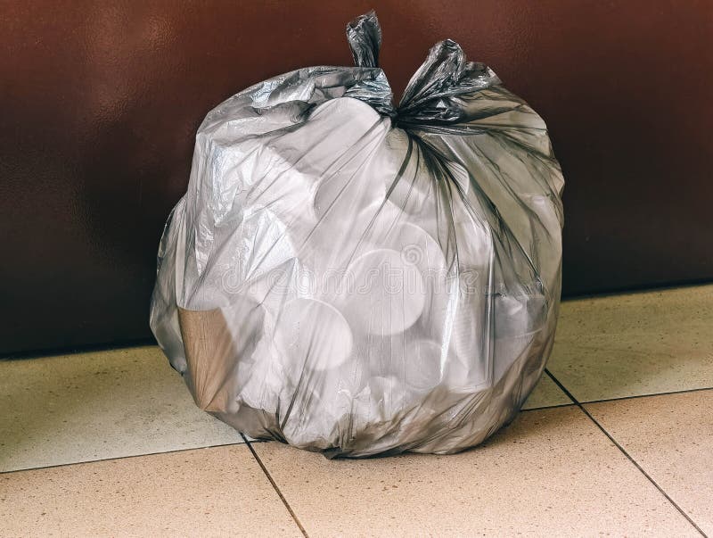 A Garbage Bag Filled Plastic Disposable Cups. Plastic Waste Stock Photo ...