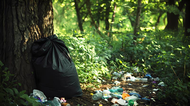 Garbage Bag Leaning on Tree Trunk in Polluted Forest Stock Image ...