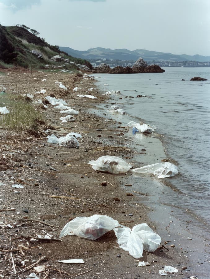 Garbage Bags Covering the Beach Reminder of Pollution Stock ...