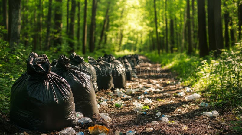 Garbage Bags Litter Forest Path Amidst Nature Stock Illustration ...