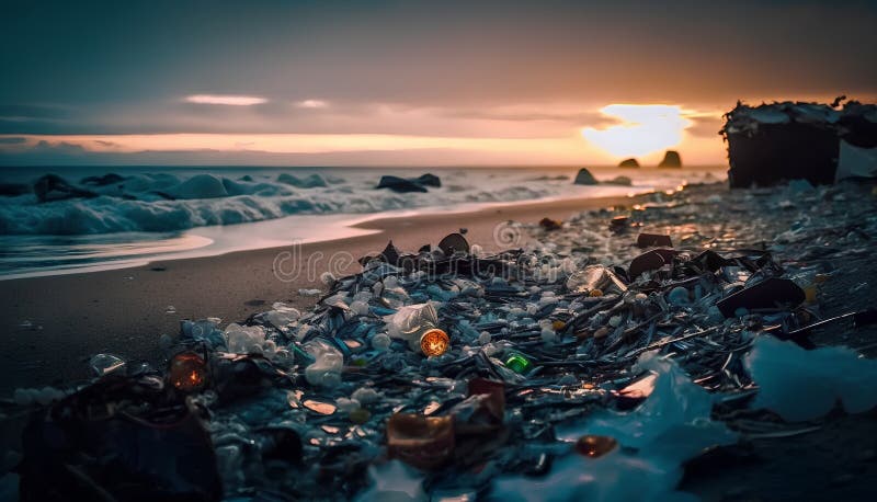 Garbage on the Beach at Sunset. Concept of Environmental Pollution ...