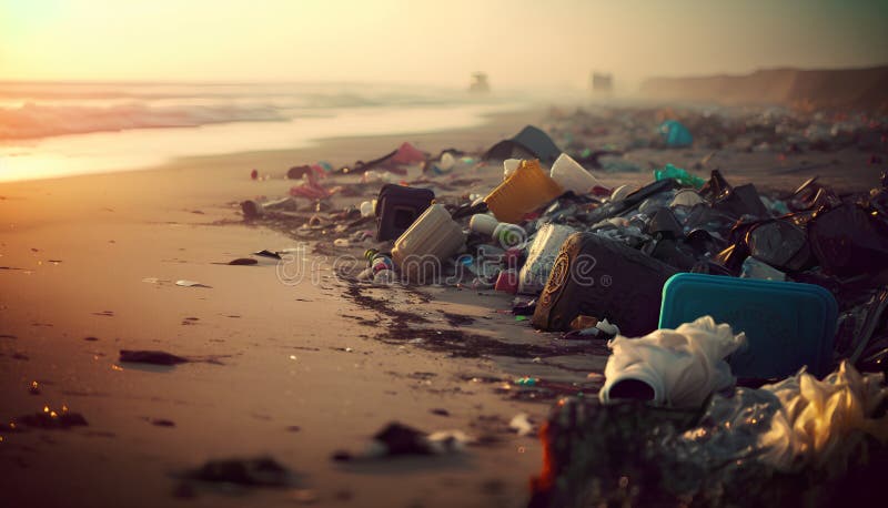 Garbage on the Beach at Sunset. Environmental Pollution. Pollution of ...