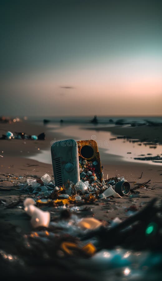 Garbage on the Beach at Sunset. Pollution Environment Concept Stock ...