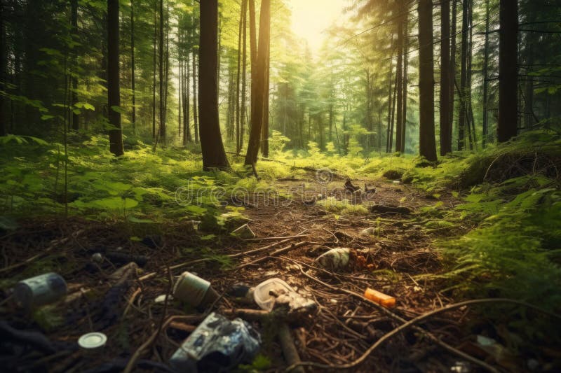 Garbage in Beautiful Forest. Destroyed Nature Stock Illustration ...