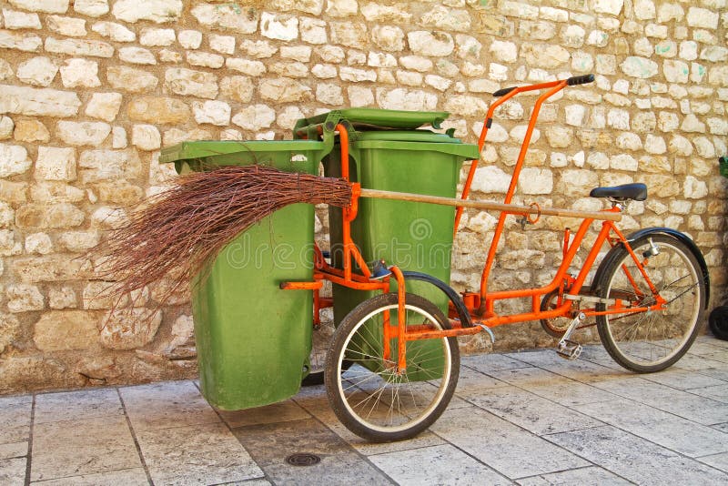 Garbage bike with broom. stock image. Image of bike, broom - 20435611