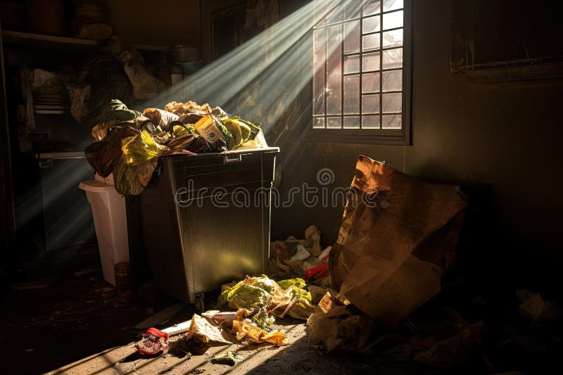 Garbage Bin in an Abandoned House at Night with Rays of Light, a ...