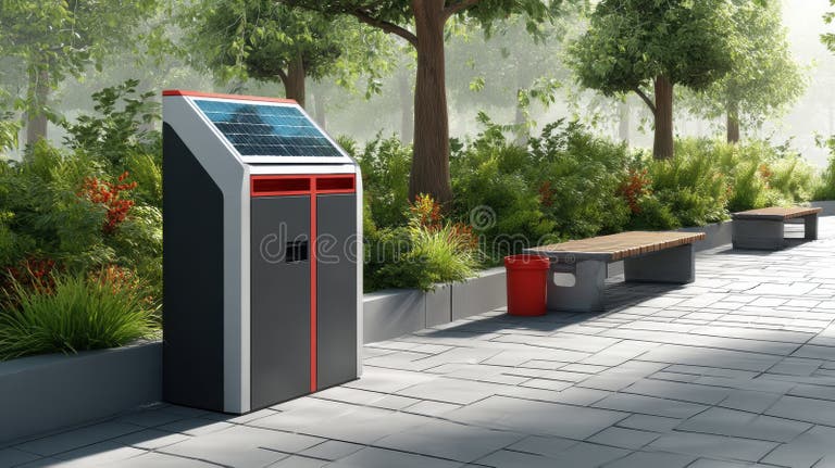 Garbage Bin Equipped with Solar-Powered Compactor in an Eco-Futuristic ...
