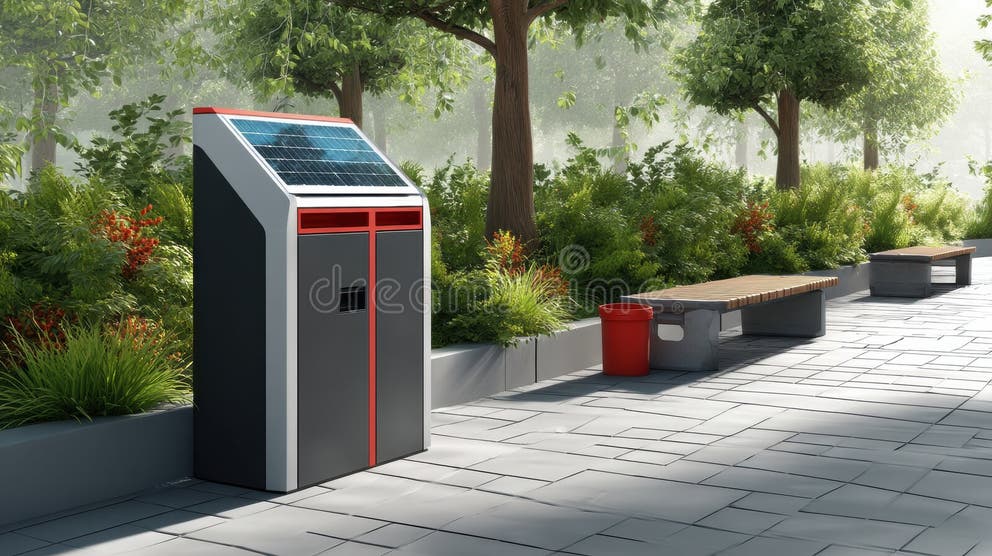 Garbage Bin Equipped with Solar-Powered Compactor in an Eco-Futuristic ...