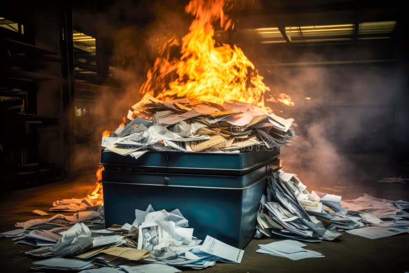 Garbage Bin Full of Paper Waste Burning in the Fire at Night Stock ...
