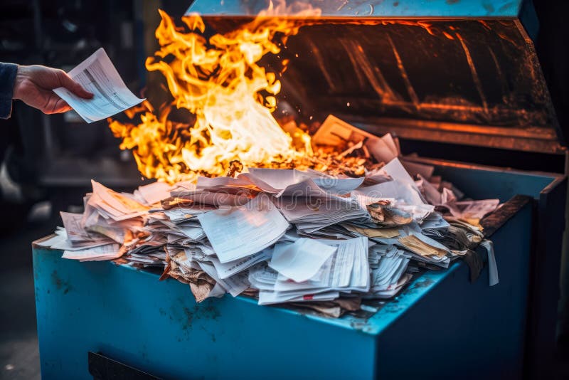 Garbage Bin Full of Paper Waste Burning in the Fire at Night Stock ...