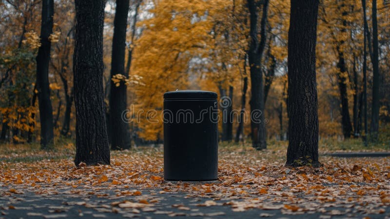 A Garbage Bin is Placed in the Center of the Park, Surrounded by Fallen ...