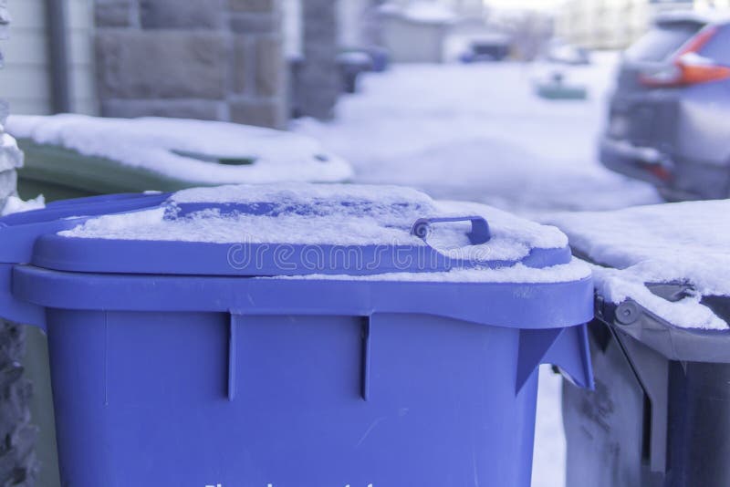 Garbage Bins in Winter Covered in Snow Stock Photo - Image of ...