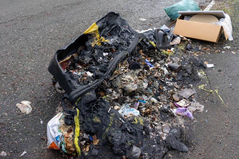 Garbage Can after a Fire, Vandalism Stock Image - Image of burnt, arson ...