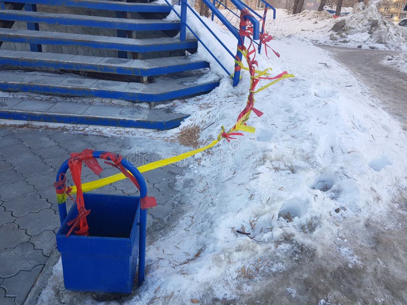 Garbage Can and Uncleaned Stairs in the Snow Stock Photo - Image of ...