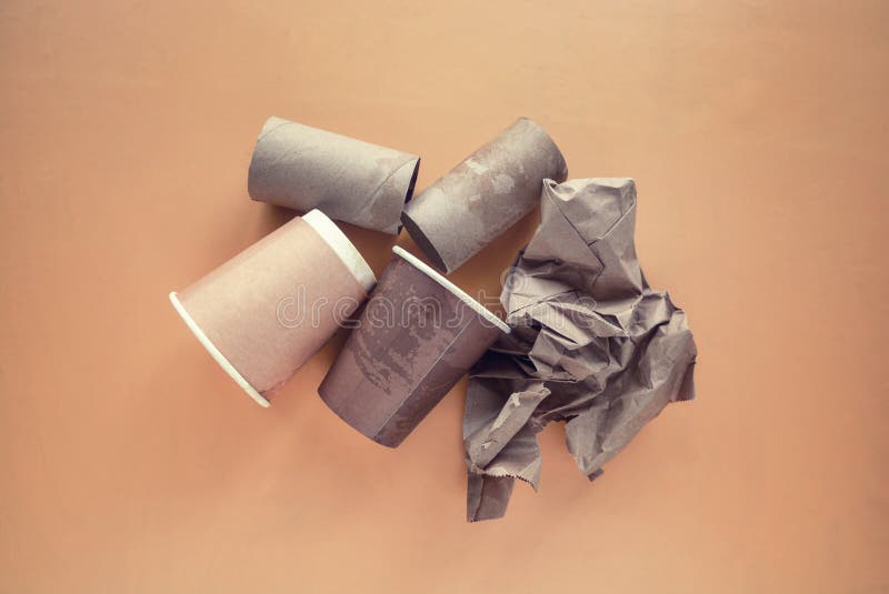 Garbage Collection Separately. Paper. Cups. Yellow Background. Stock ...