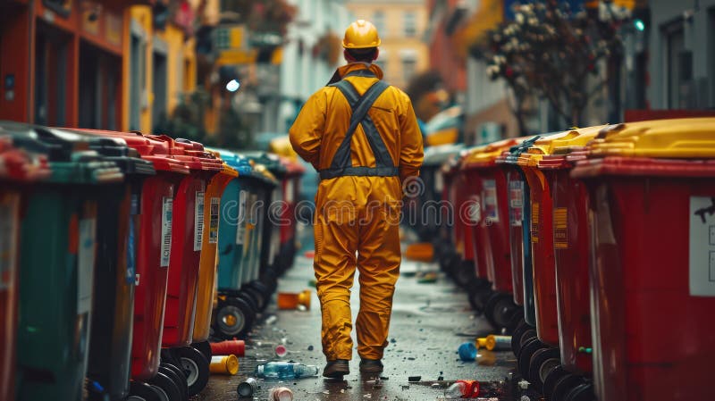 Garbage Collection. Worker among Trash Cans, View from the Back ...