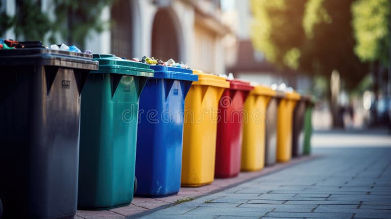 Garbage in Colored Trash Cans with Sorted Garbage. Sorting Garbage by ...