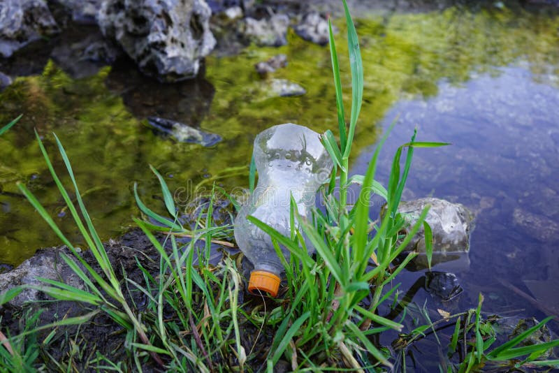 Environmental Pollution, Plastic Bottle in Spring Water. Garbage ...