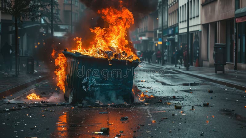 A Garbage Container with Garbage is on Fire on a Street in the City ...