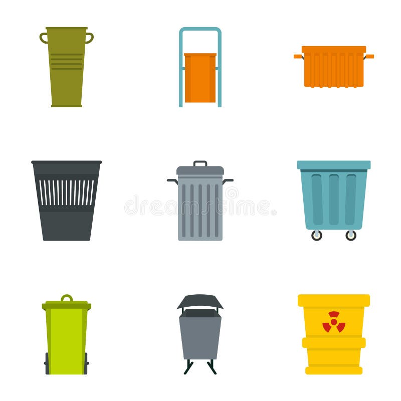 Garbage Container Icon Set, Flat Style Stock Vector - Illustration of ...