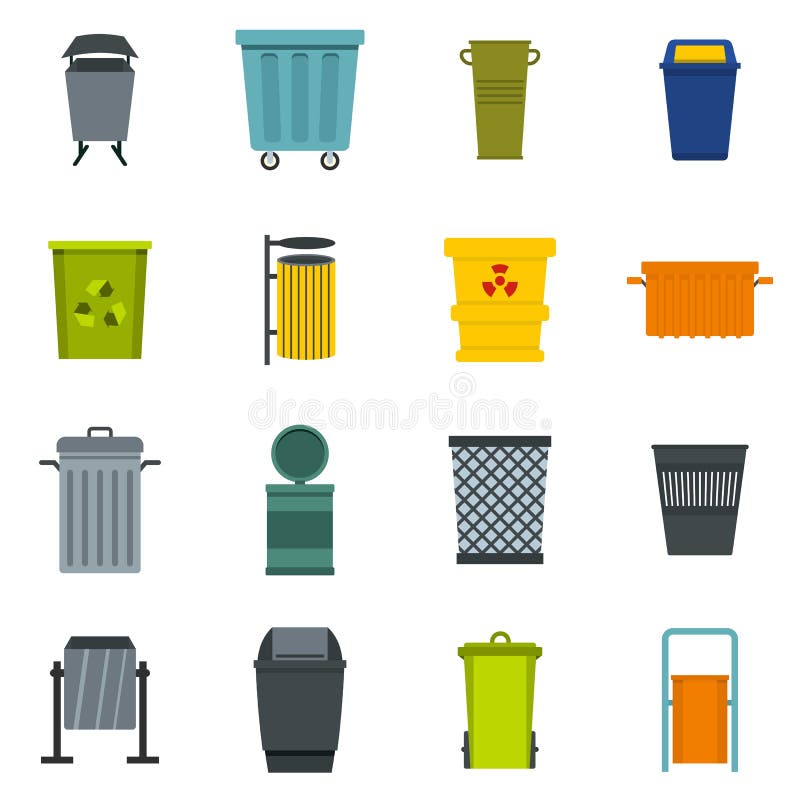 Garbage Container Icons Set in Flat Style Stock Vector - Illustration ...