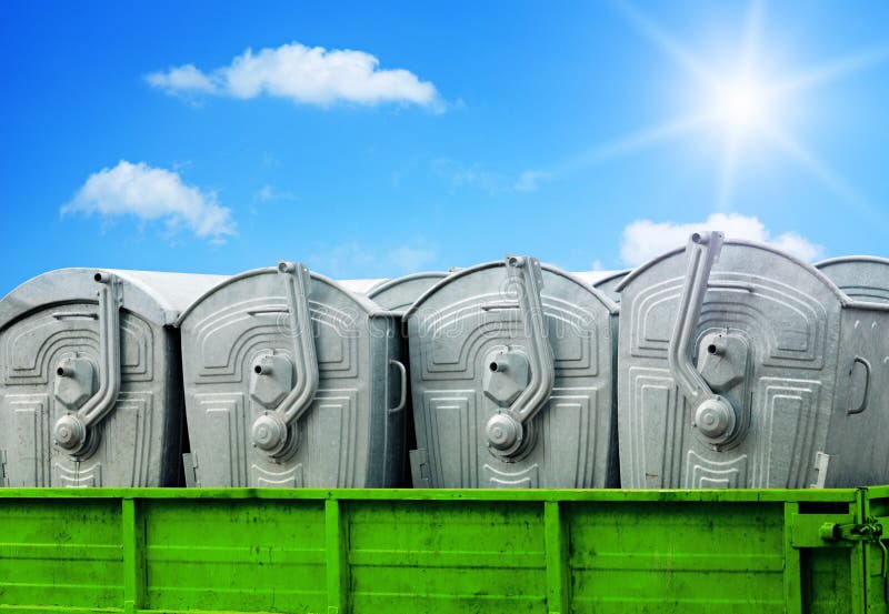 Garbage Containers on Blue Sky Background Stock Photo - Image of object ...