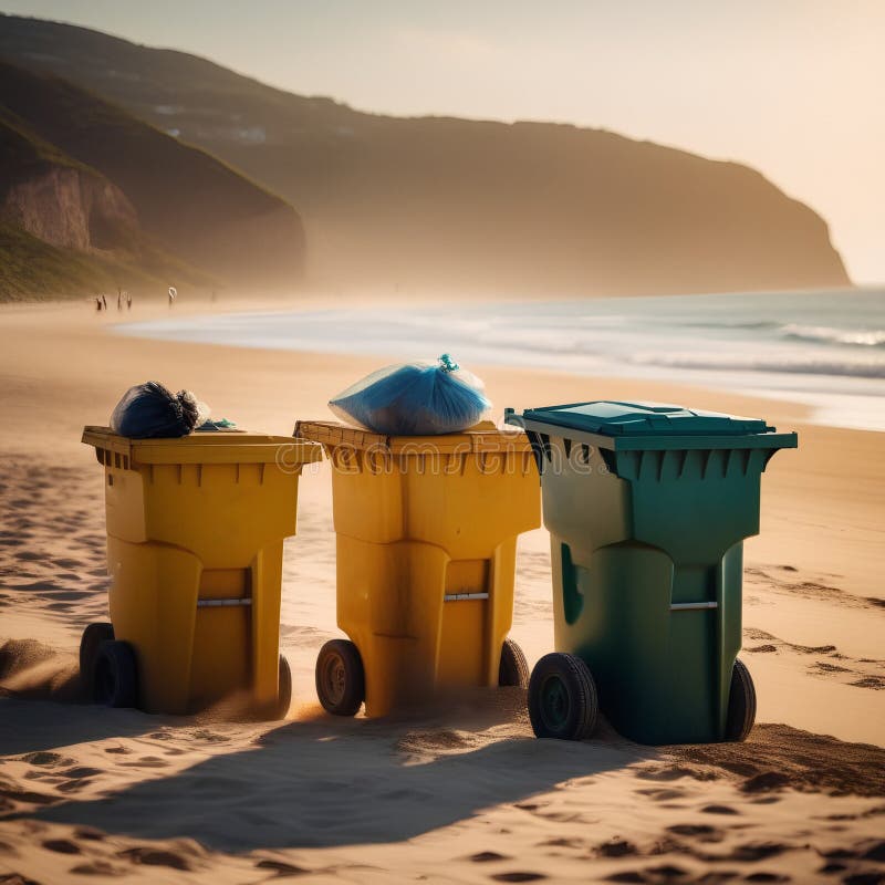 Garbage Containers Installed on Beach. Trash Cans, Bins Stock Photo ...