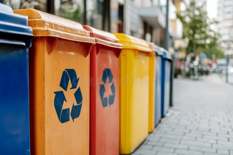 Garbage Containers with Recycle Symbol on the City Street with Copy ...
