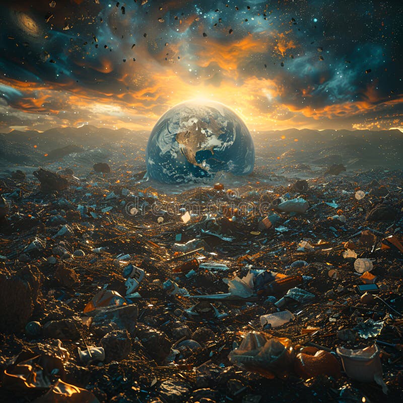 Garbage-covered Earth Surrounded by a Dramatic Cosmic Sky at Sunset Stock Illustration ...