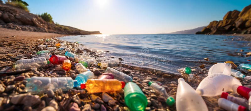 Garbage from Dirty Plastic Bottles on Ocean Shore. Environmental ...