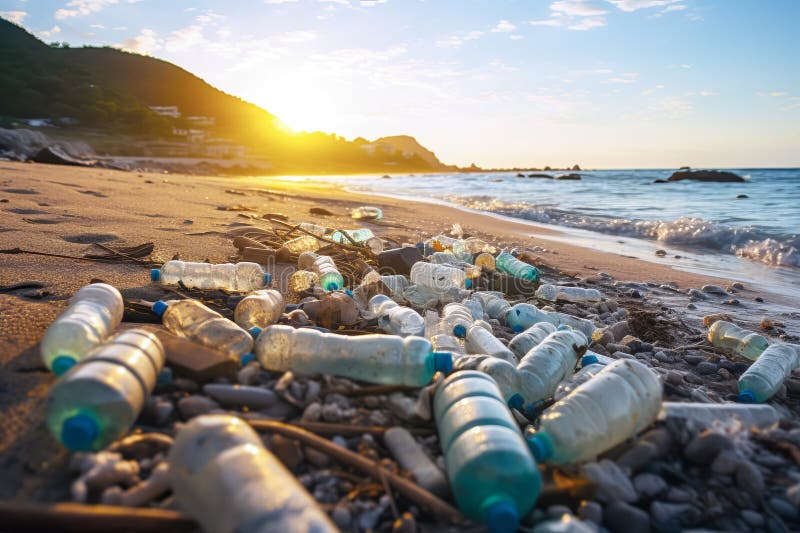 Garbage from Dirty Plastic Bottles on Ocean Shore. Environmental ...
