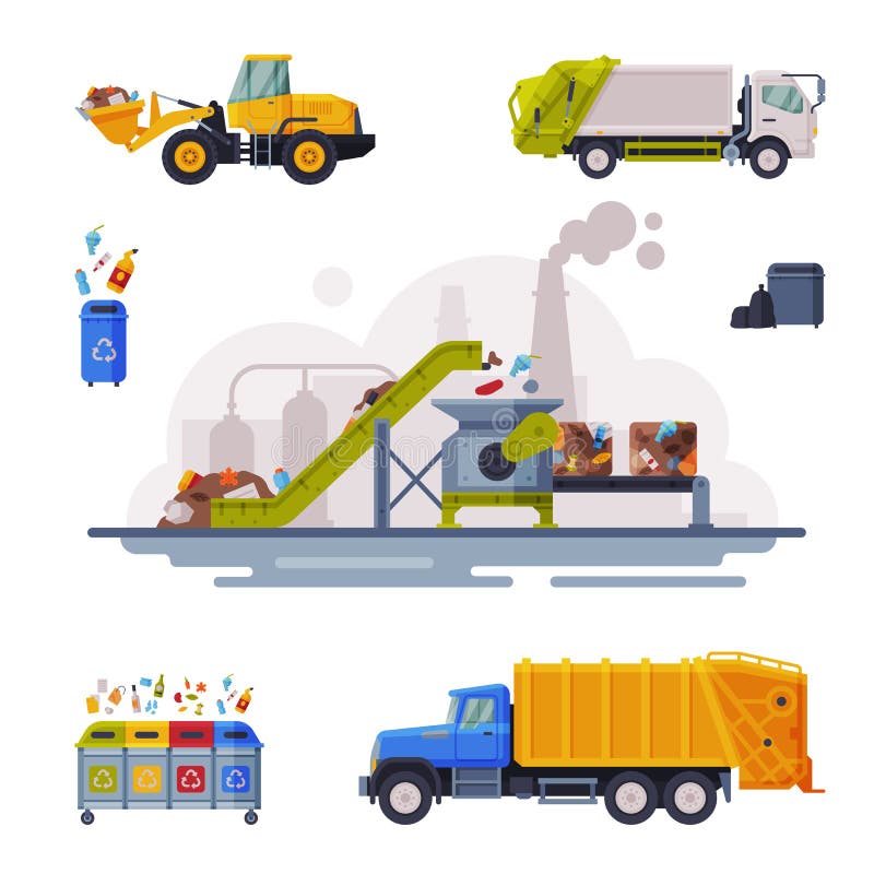 Garbage Collection and Remove Set, Orange Garbage Truck and Workers ...