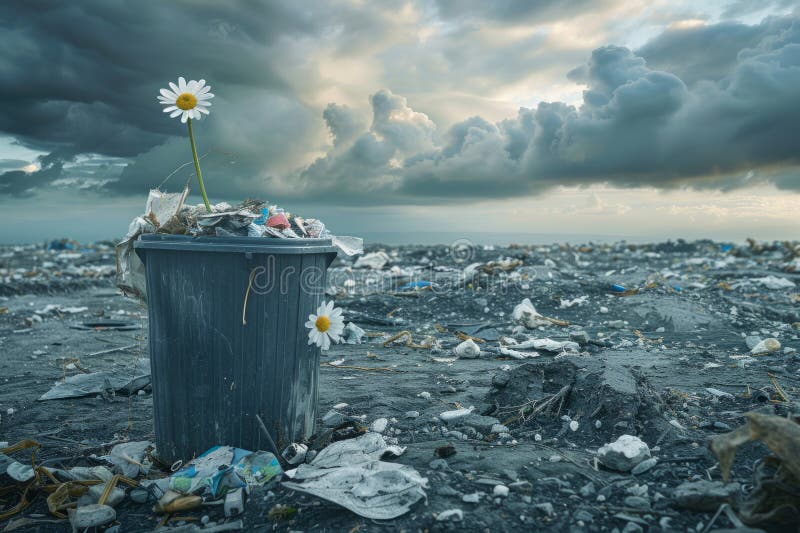 Garbage Dump with Growing Daisy, Concept of Environmental Pollution and ...
