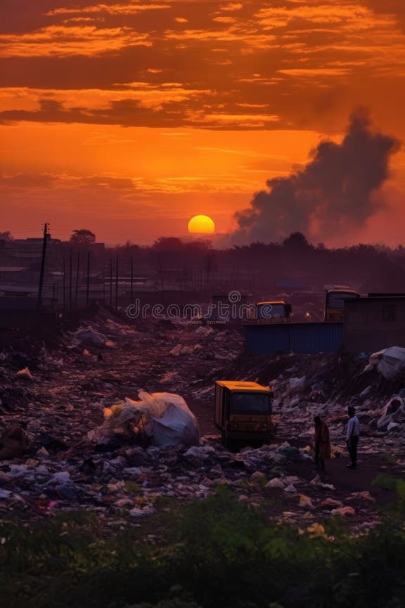 Garbage Dump at Sunset, Silhouetting the Heaps of Waste Stock ...