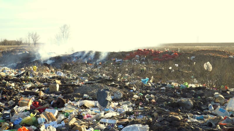 Garbage Dump Waste with Smoke at Sunny Day Stock Video - Video of ...