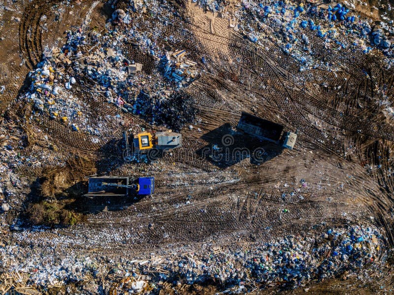 Garbage Dump and Working Dump Truck and Bulldozer, Aerial Top View ...