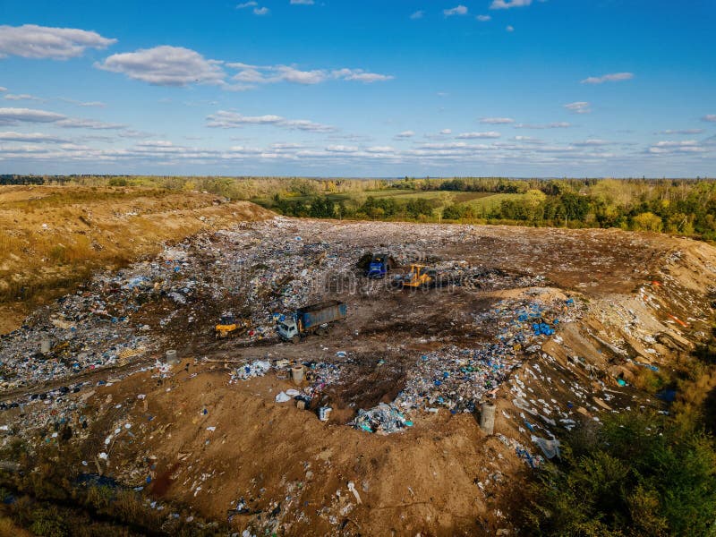 Garbage Dump and Working Dump Truck and Bulldozer, Aerial View Stock ...