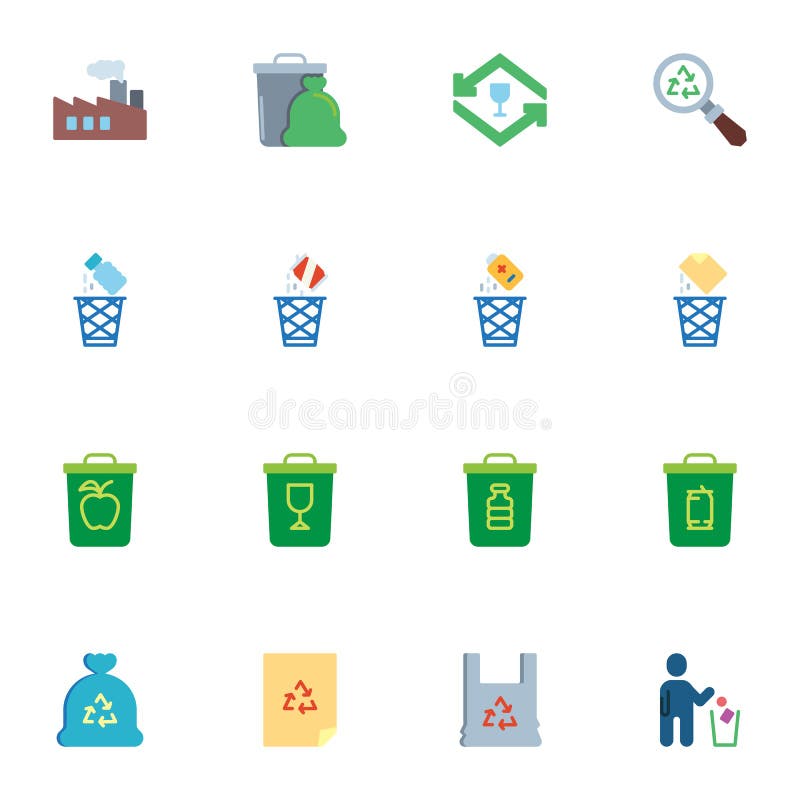 Garbage Elements Collection, Flat Icons Set Stock Vector - Illustration ...