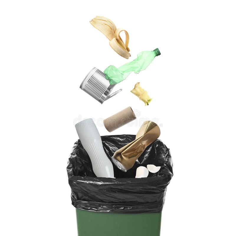 Garbage Falling into Trash Bin on White Background Stock Image - Image ...