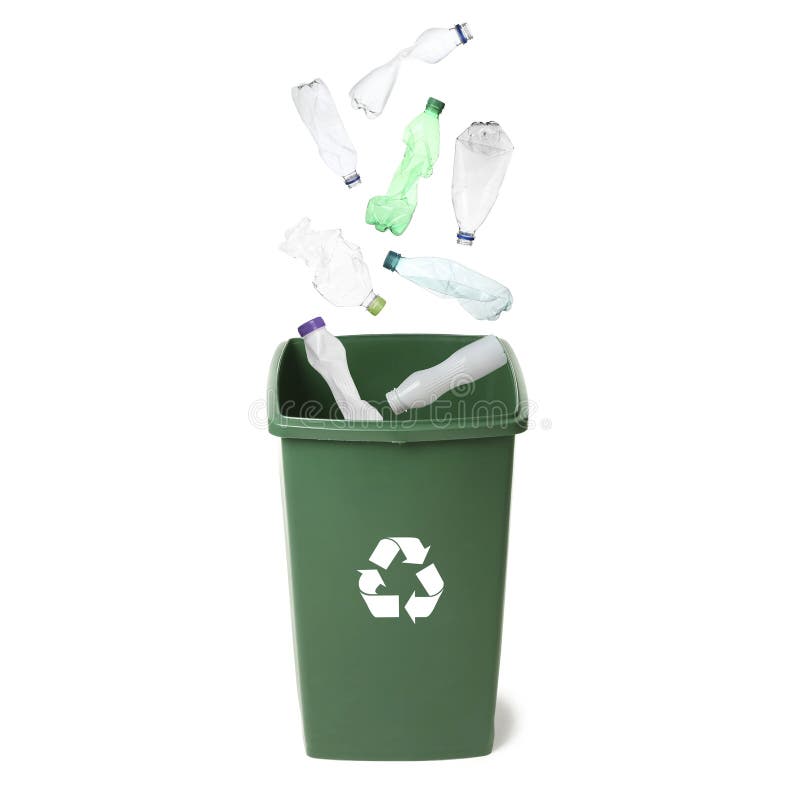 Garbage Falling into Trash Bin on White Background Stock Image - Image ...
