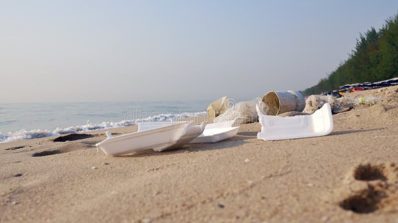 Garbage Foam Containers Falling Down on Sand, Polluted Beach. Stock ...