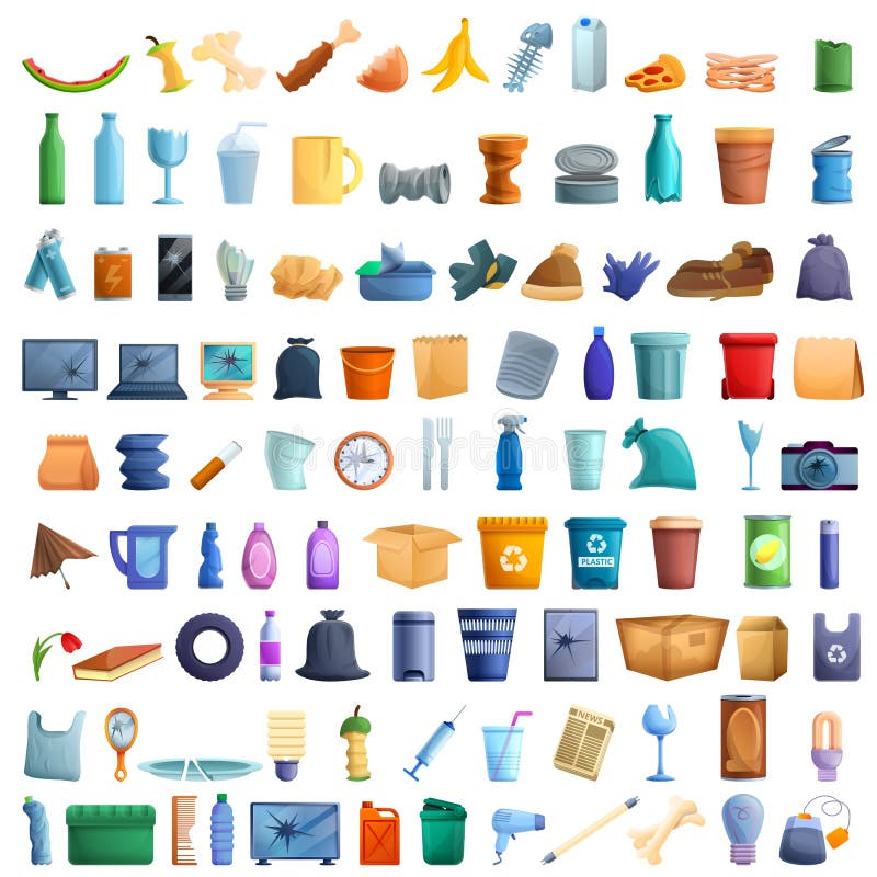 Garbage Icons Set, Cartoon Style Stock Vector - Illustration of burn ...