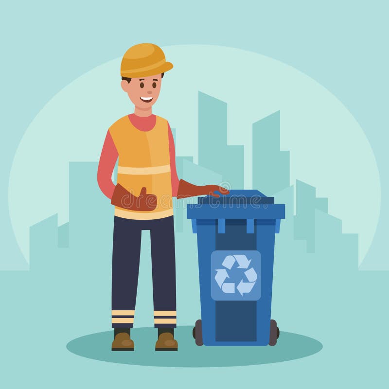 Garbage Man with Trash Container. Recycling Concept. City Background ...