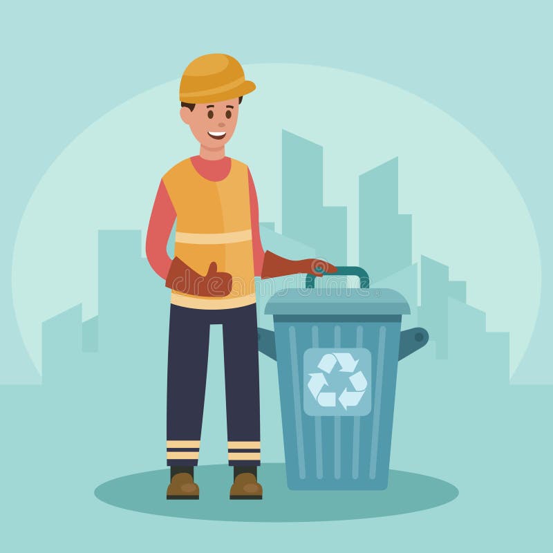 Garbage Man with Trash Container. Recycling Concept. City Background ...